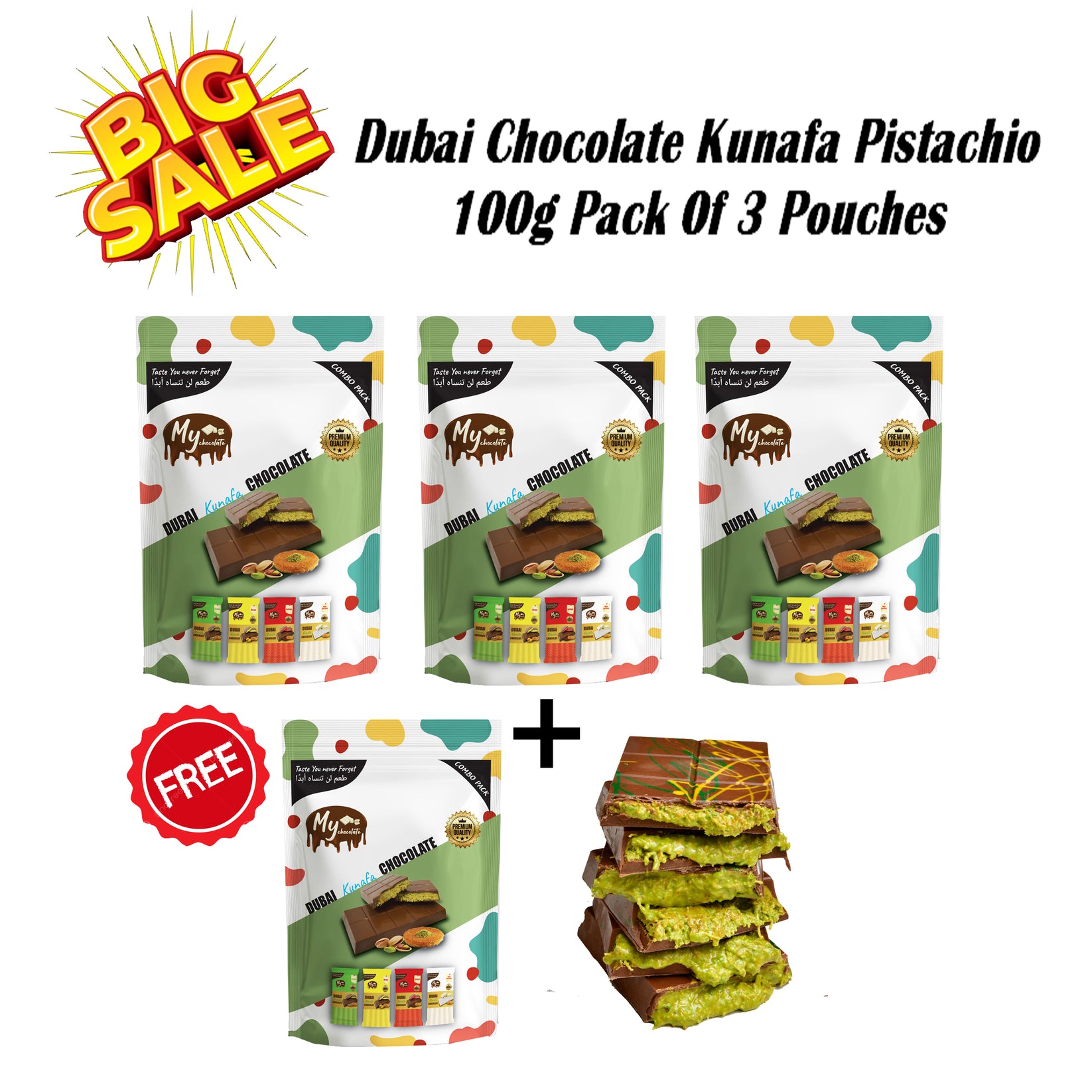 Buy Dubai Chocolate Kunafa Pistachio – 3 Flavors 100g Pack of 3 Pouchs ...